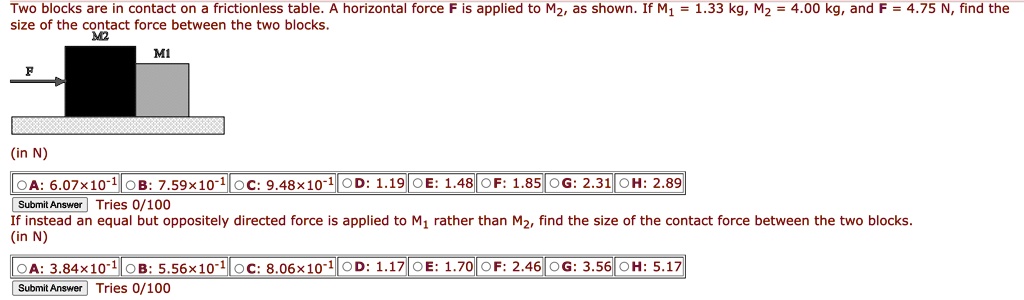 SOLVED:Two blocks are in contact on frictionless table A horizontal force F is applied to Mz, as ...