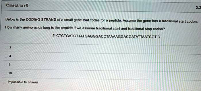 SOLVED: Quaslon 5 Below Is the CODING STRAND of a small gene thal codes for peptide Assume the ...
