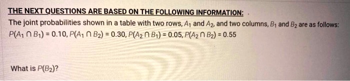 SOLVED: IHENEXT QUESTIONS ARE BASED ON THE FOLLOWING INFORMATION; The joint probabilities shown ...