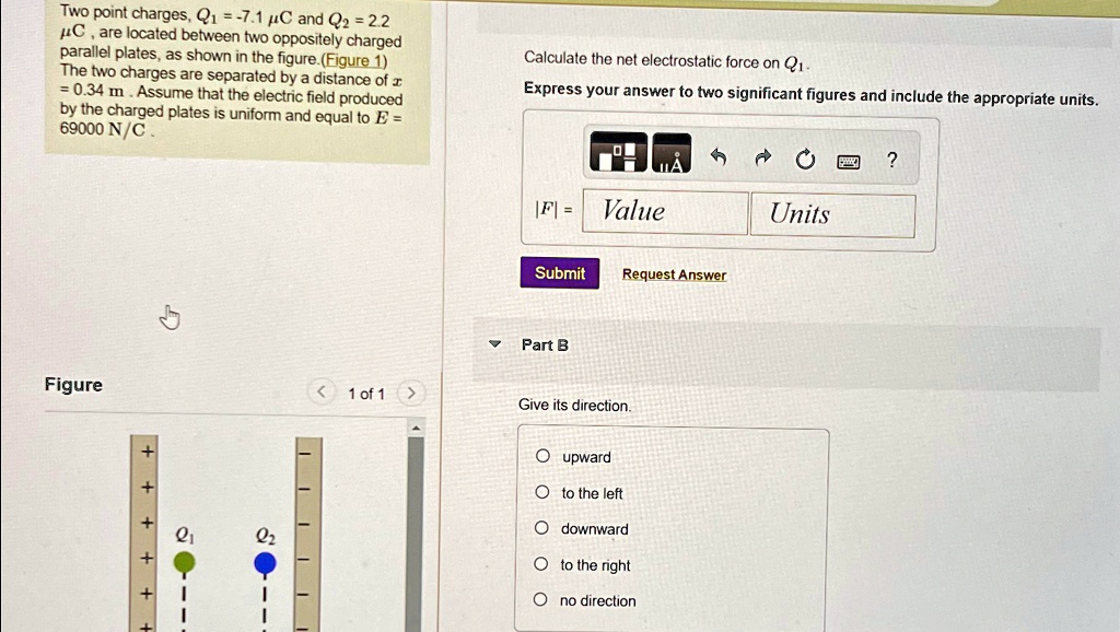 SOLVED: Two point charges, Q1 = -7.1 μC and Q2 = 2.2 μC, are located between two oppositely ...