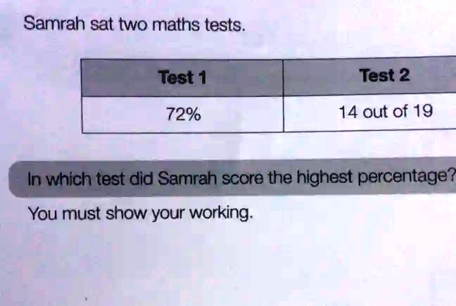 samrah sat two maths tests test 1 test 2 72 14 out of 19 in which test ...