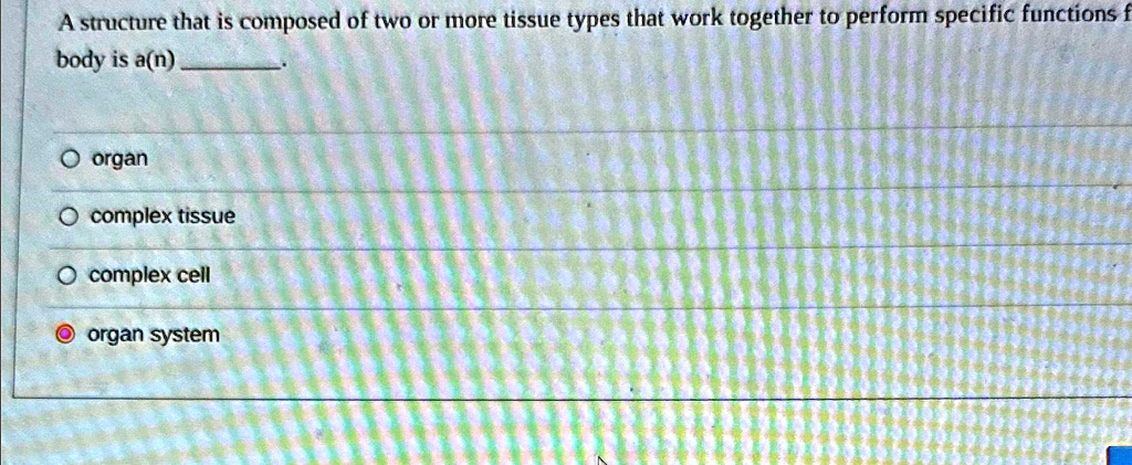 A structure that is composed of two or more tissue types that work together to perform specific ...