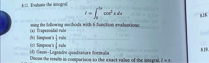 SOLVED: 8.11. Evaluate the integral ∫cos(x)dx from 0 to 10 using the following methods with 6 ...