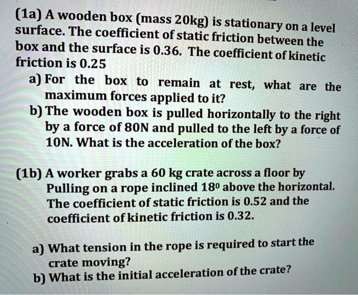 SOLVED: A wooden box (mass 20 kg) is stationary on a level surface. The coefficient of static ...