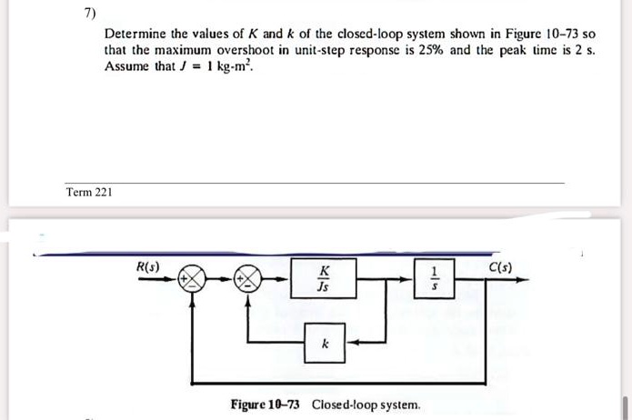 SOLVED: Determine the values of K and k of the closed-loop system shown in Figure 10-73 so that ...