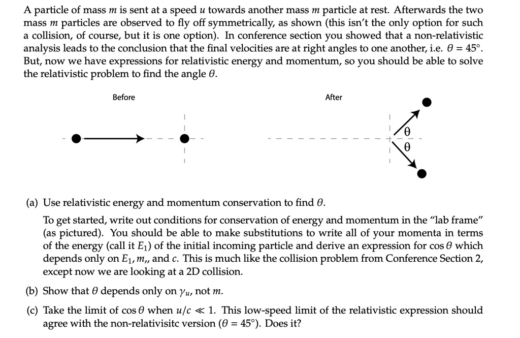 SOLVED: A particle of mass m is sent at a speed u towards another mass m particle at rest ...