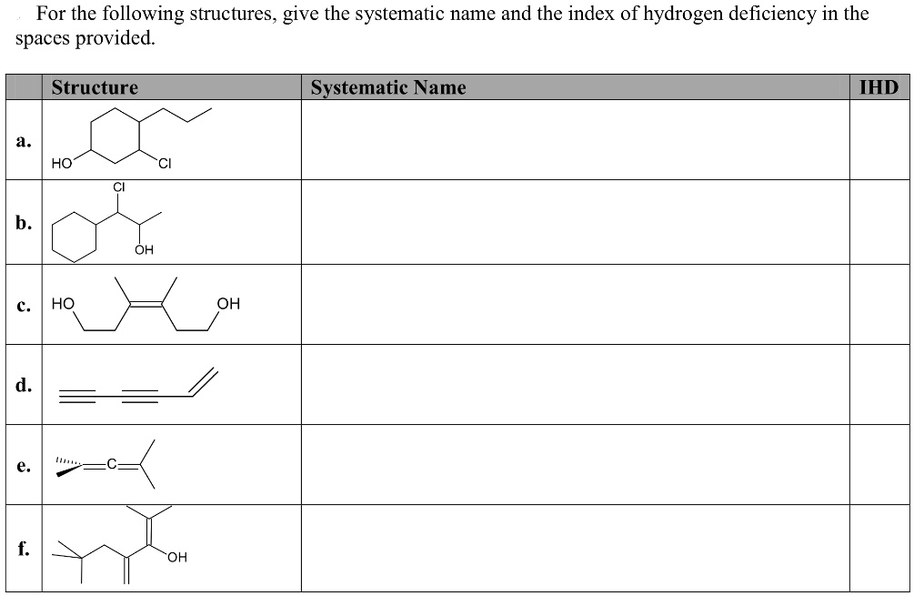SOLVED: For the following structures, give the systematic name and the index of hydrogen ...