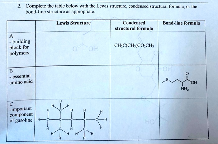 SOLVED: Complete the table below with the Lewis structure , condensed structural formulaOr the ...