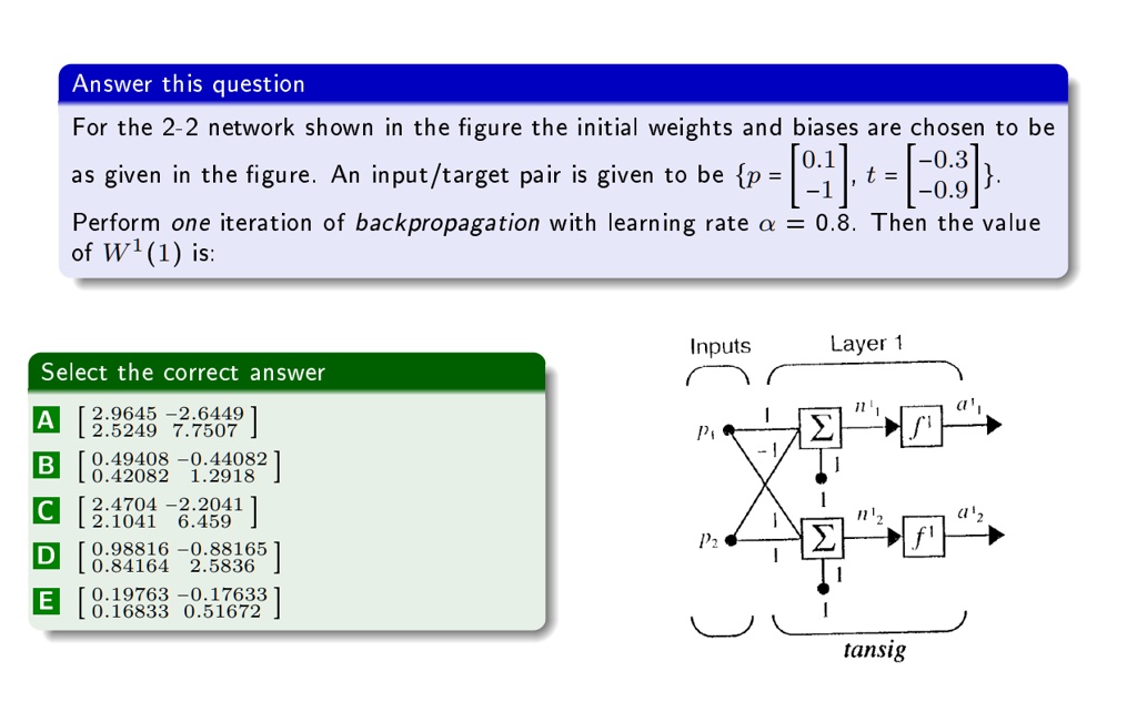 SOLVED: Texts: Neural Networks in MATLAB Answer this question: For the 2-2 network shown in the ...