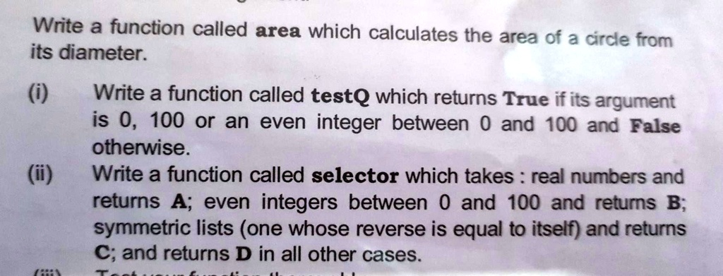 SOLVED:Write a function called area Which calculates the area of a ...