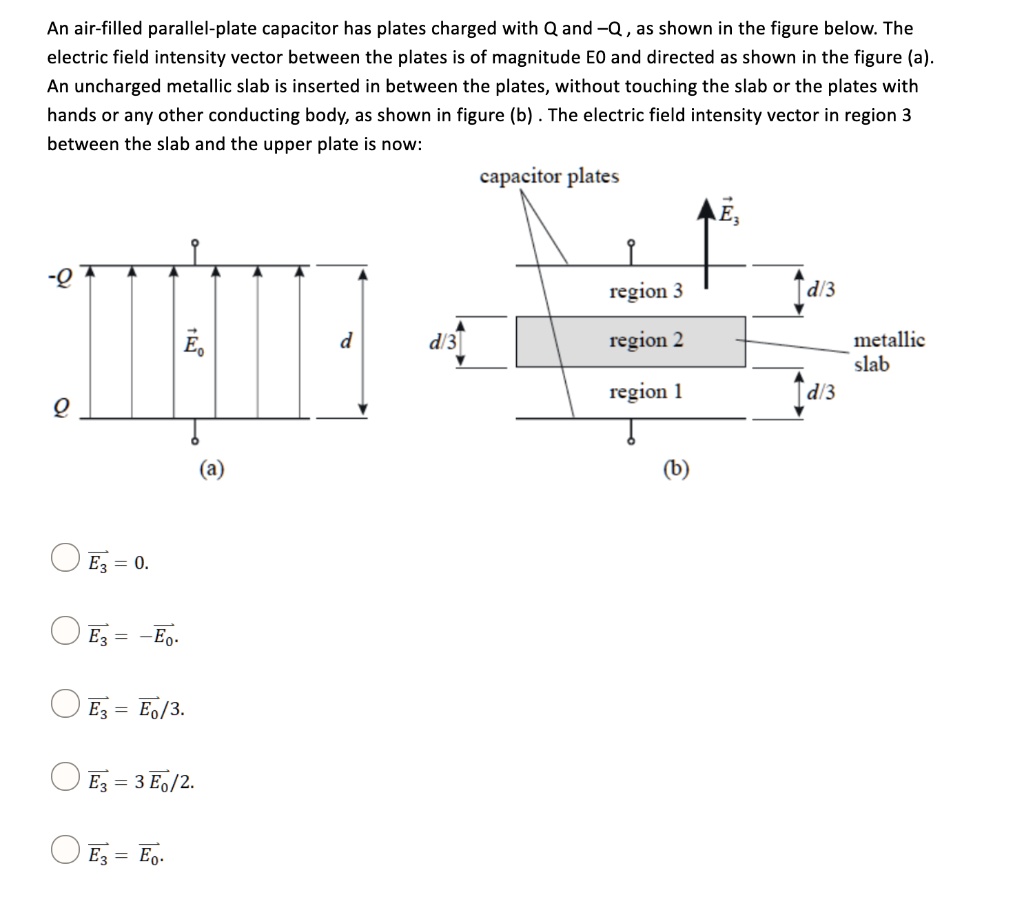 An air-filled parallel-plate capacitor has plates charged with Q and -Q ...