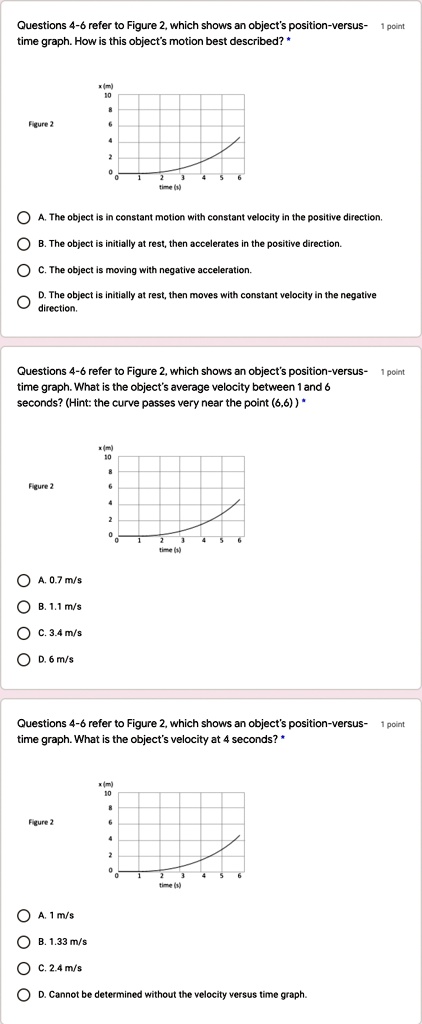 Questions 4-6 refer to Figure 2, which shows an object's position ...