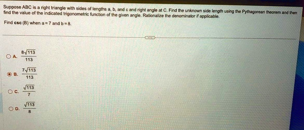 SOLVED: Suppose ABC is a right triangle with sides of lengths a, b, and c and right angle at C ...