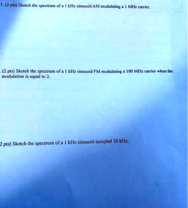 SOLVED: Sketch the spectrum of a 1 kHz sinusoid AM modulating a 1 MHz ...