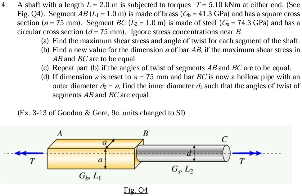 SOLVED: A shaft with a length L = 2.0 m is subjected to torques T = 5. ...
