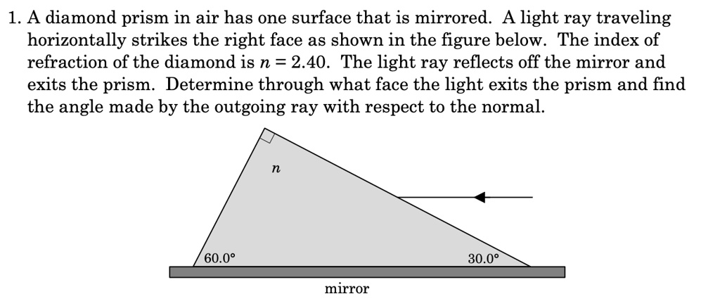 1 a diamond prism in air has one surface that is mirrored a light ray ...