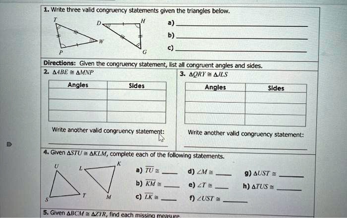 write three valid congruency statements given the triangles below ...