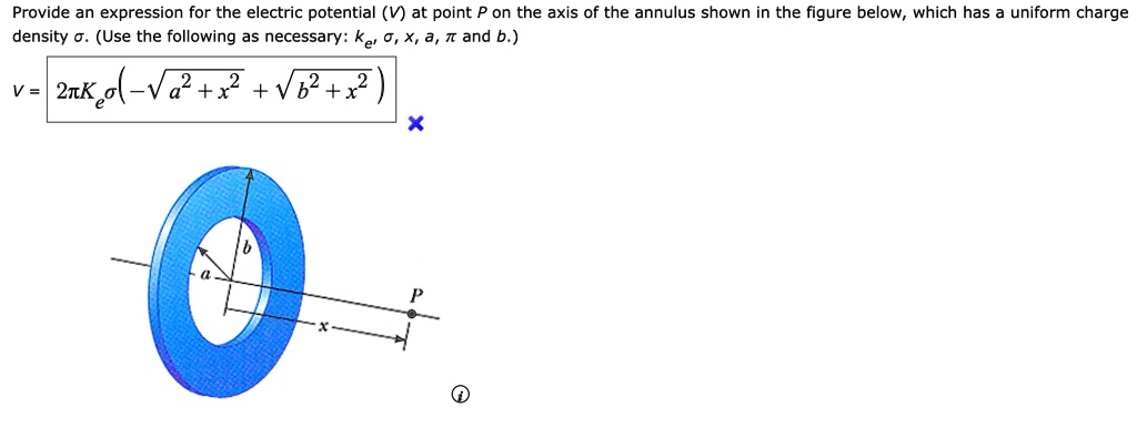 Provide an expression for the electric potential (V) at point P on the axis of the annulus shown ...