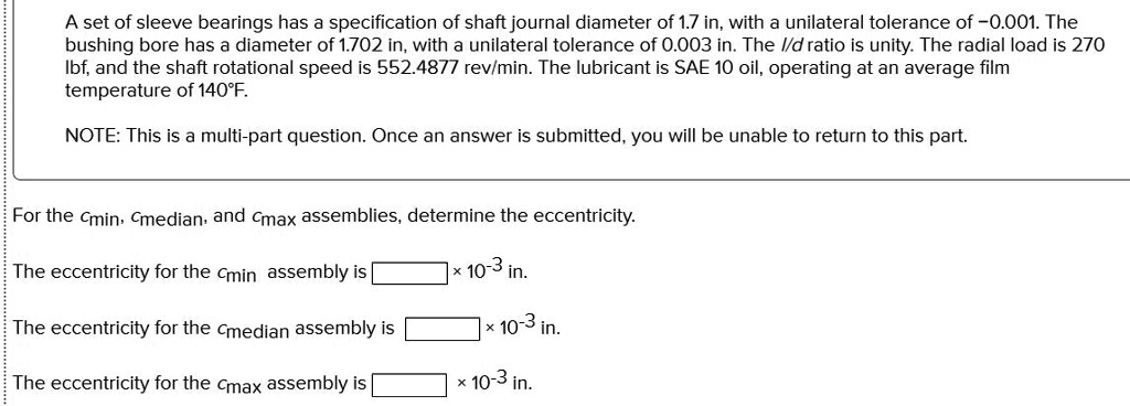 A set of sleeve bearings has a specification of shaft journal diameter ...
