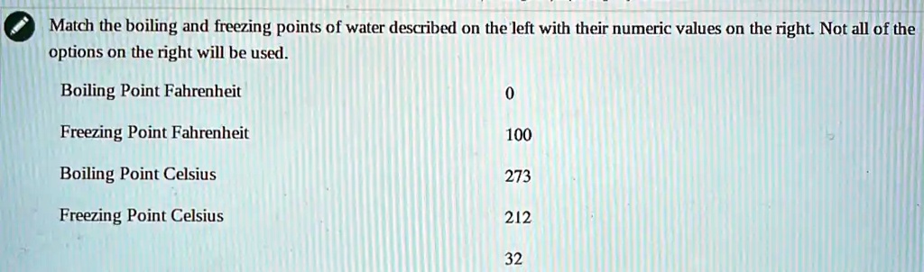Match the boiling and freezing points of water described on the left ...