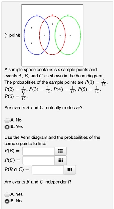 SOLVED: A sample space contains six sample points and events A, B, and C as shown in the Venn ...