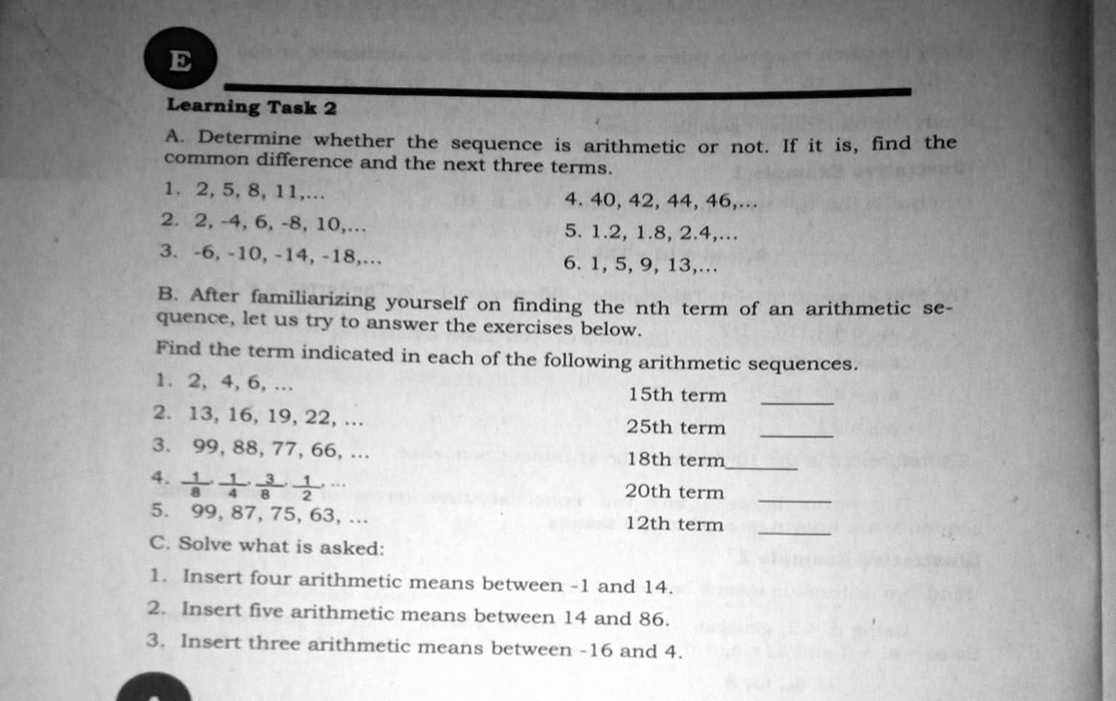Solved Learning Task 2a Determine Whether The Sequence Is Arithmetic Or Not If It Is Find
