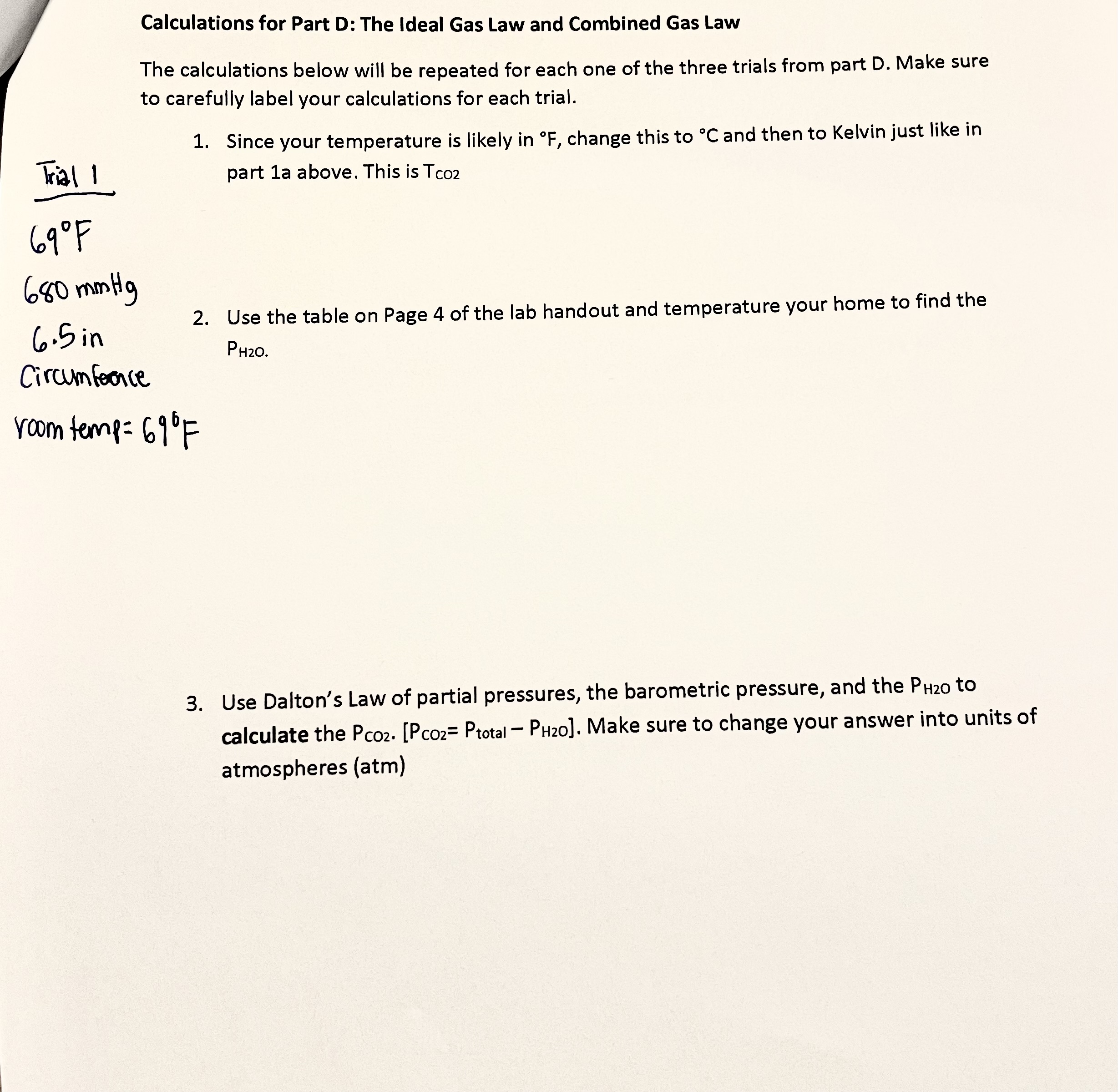 calculations for part d the ideal gas law and combined gas law the ...