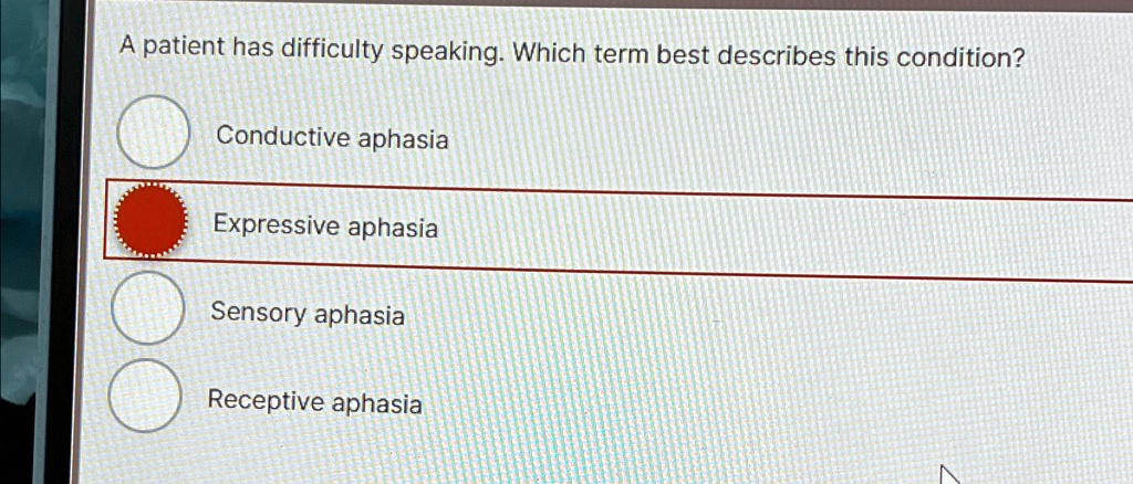 A patient has difficulty speaking. Which term best describes this ...