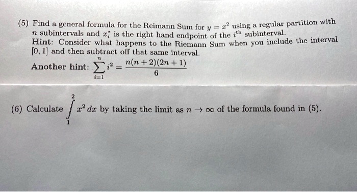 find regular partition with general formula for the reimann sum for y 1 ...