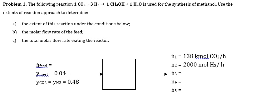SOLVED: Problem 1: The following reaction 1 CO2 + 3 H2 -> 1 CH3OH + 1 ... SOLVED: Problem 1: The following reaction 1 CO2 + 3 H2 -> 1 CH3OH + 1 ...