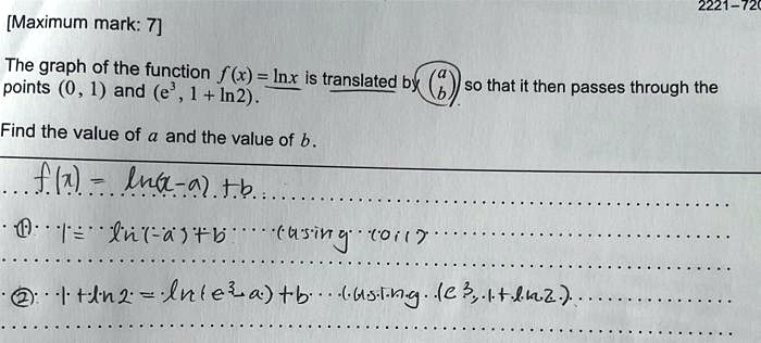 2221-720 [Maximum mark: 7] The graph of the function f(x) = ln x is translated by so that it ...
