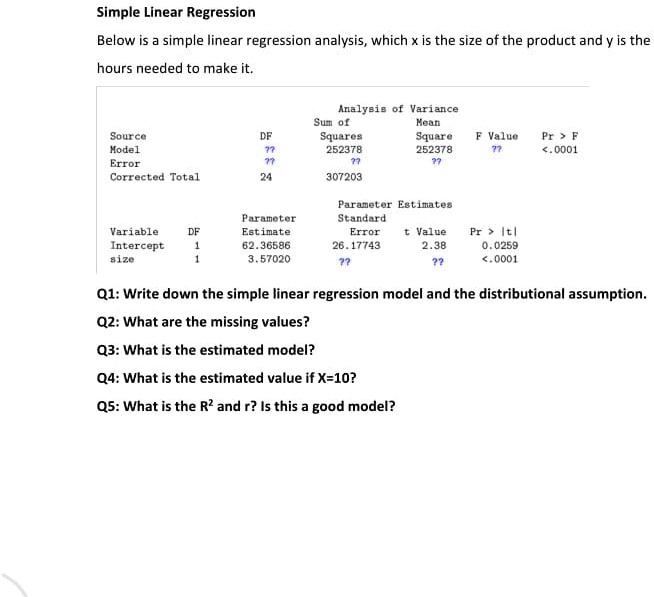 Simple Linear Regression Below is a simple linear regression analysis, which x is the size of ...