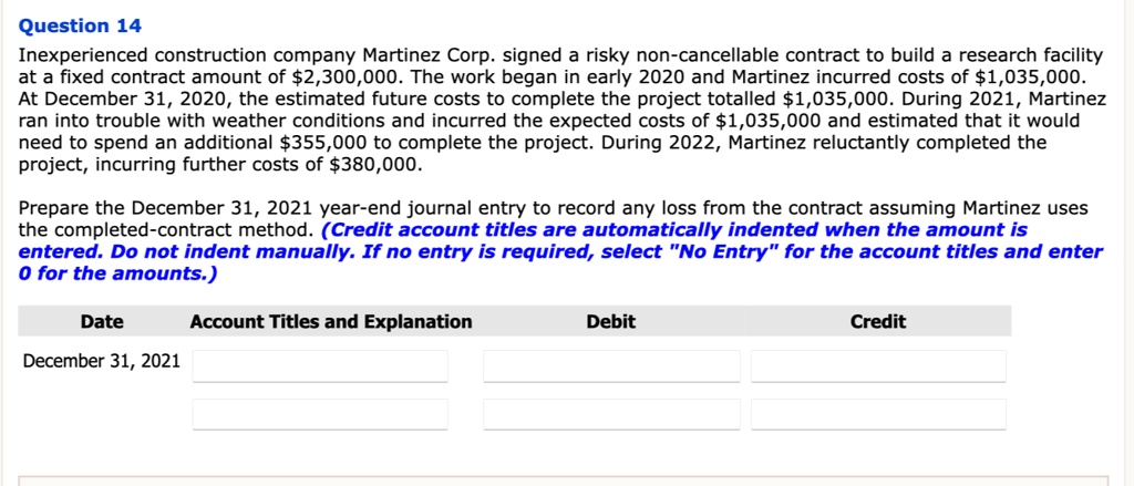 [GET ANSWER] Question 14 Inexperienced construction company Martinez ...