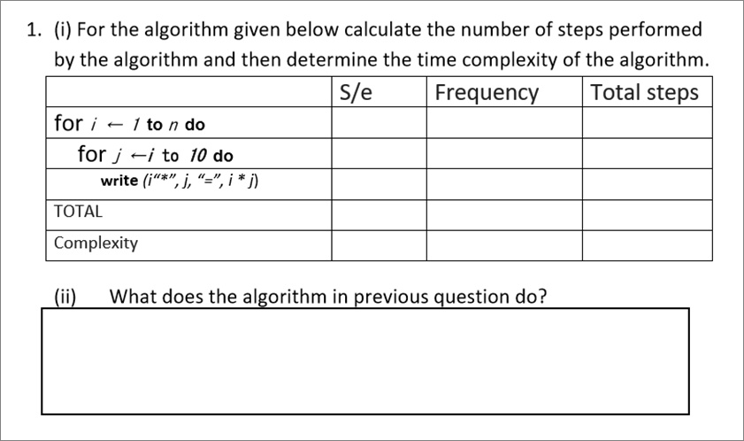 SOLVED: 1. (i) For the algorithm given below calculate the number of ...