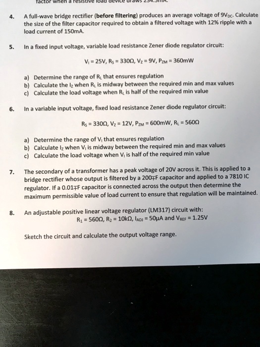 SOLVED: A full-wave bridge rectifier before filtering produces an average voltage of 9Voc ...
