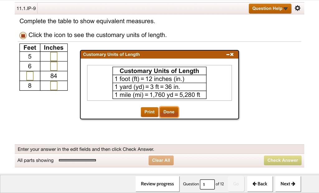 11.1.IP-9 Complete the table to show equivalent measures. Click the ...