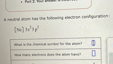 A neutral atom has the following electron configuration: [Ne] 3 s^2 3 p ...