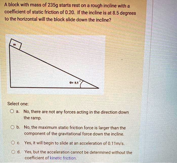 SOLVED:A block with mass of 235g starts rest on a rough incline with a coefficient of static ...