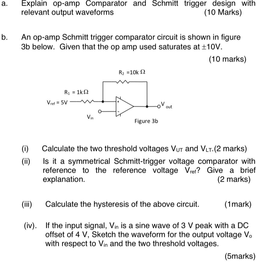 a. Explain op-amp Comparator and Schmitt trigger design with relevant output waveforms (10 Marks ...