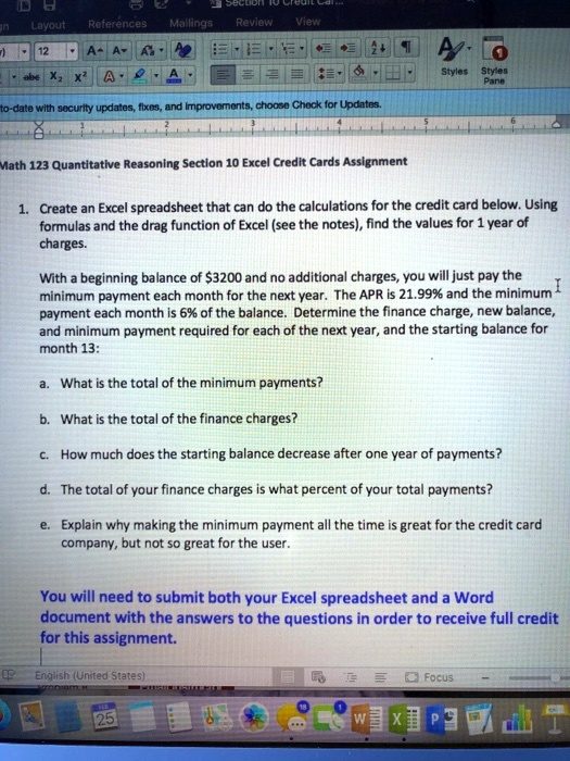 Math 123 Quantitative Reasoning Section 10 Excel Credit Cards Assignment 1. Create an Excel ...