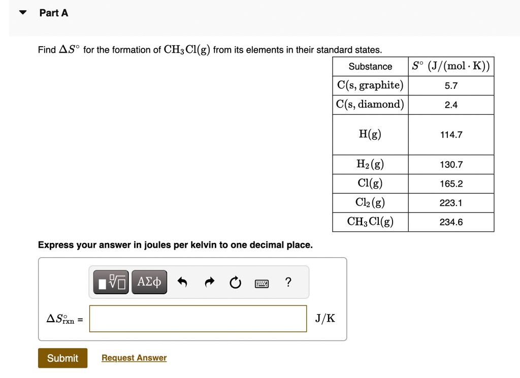 Part A Find ?S° for the formation of CH3Cl(g) from its...