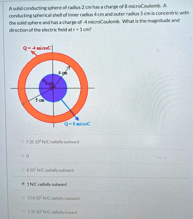SOLVED: A solid conducting sphere of radius 2 cm has a charge of 8 microCoulombs. A conducting ...