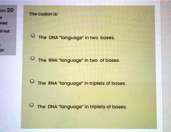 SOLVED: ion 20 The codon is: tred d out The DNA "language" in two bases ...