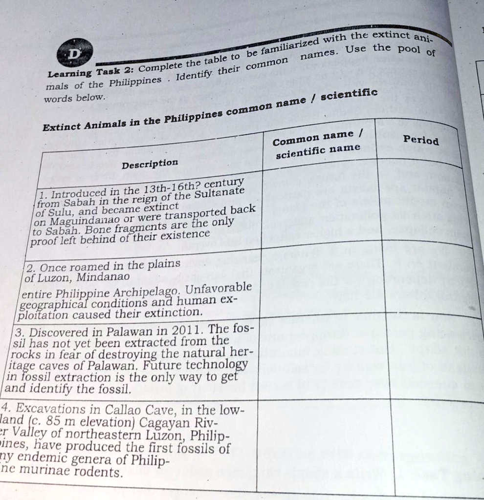 D Learning Task 2: Complete the table to be familiarized with the ...