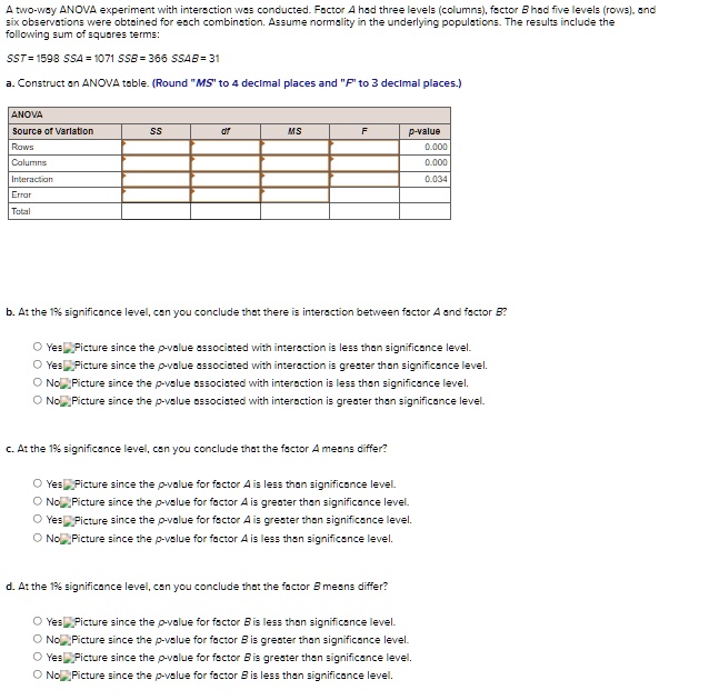 A two-way ANOVA experiment with interaction was conducted. Factor A had ...