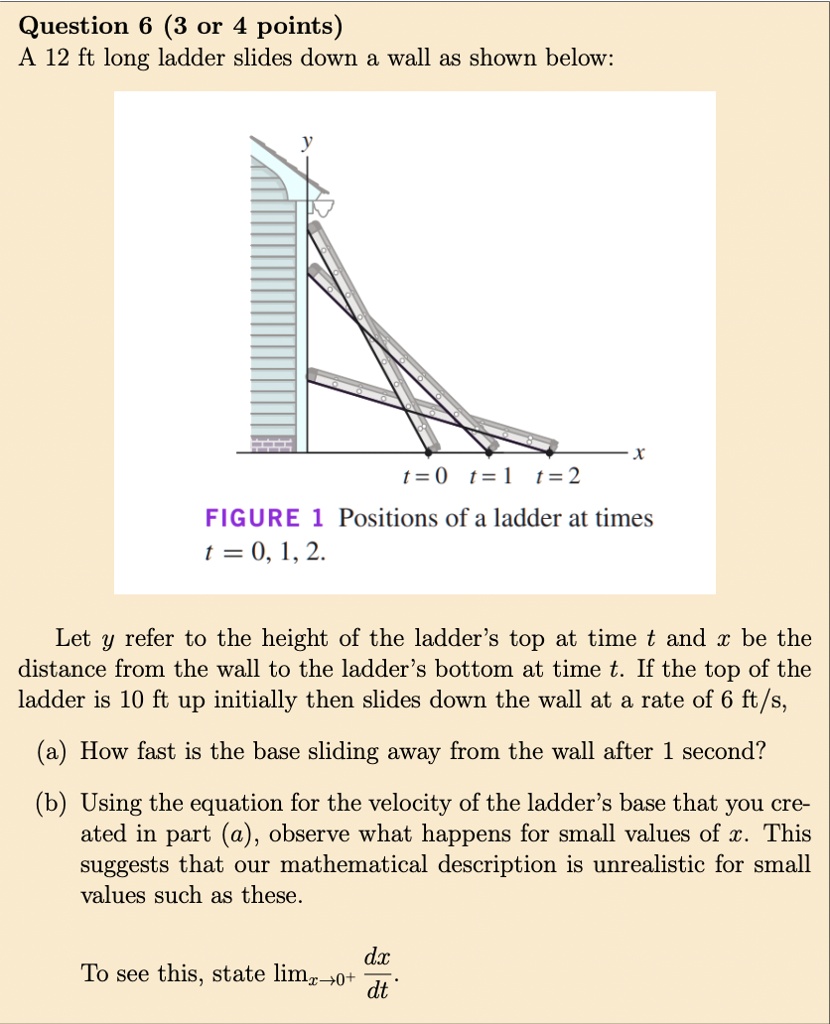 Question 6 (3 or 4 points) A 12 ft long ladder slides down a wall as ...