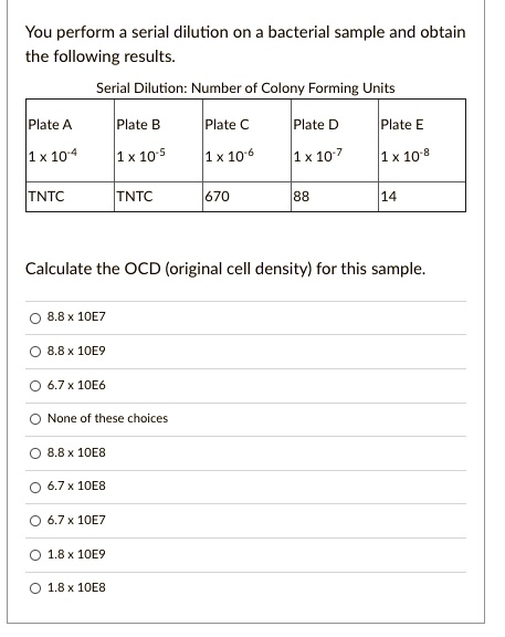 SOLVED: You perform serial dilution on bacterial sample and obtain the ...
