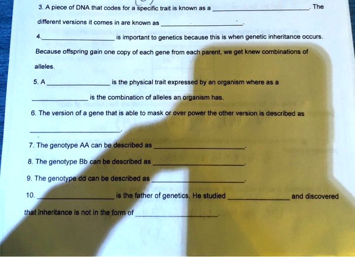 SOLVED: A piece of DNA that codes for specific trait known as The ...