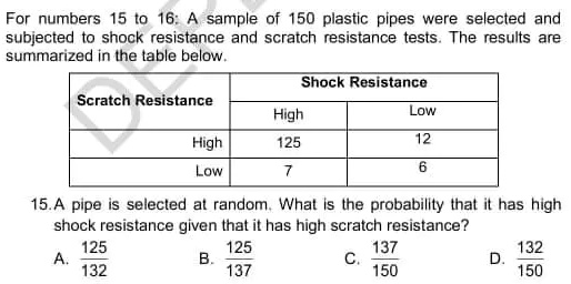 For numbers 15 to 16: A sample of 150 plastic pipes were...