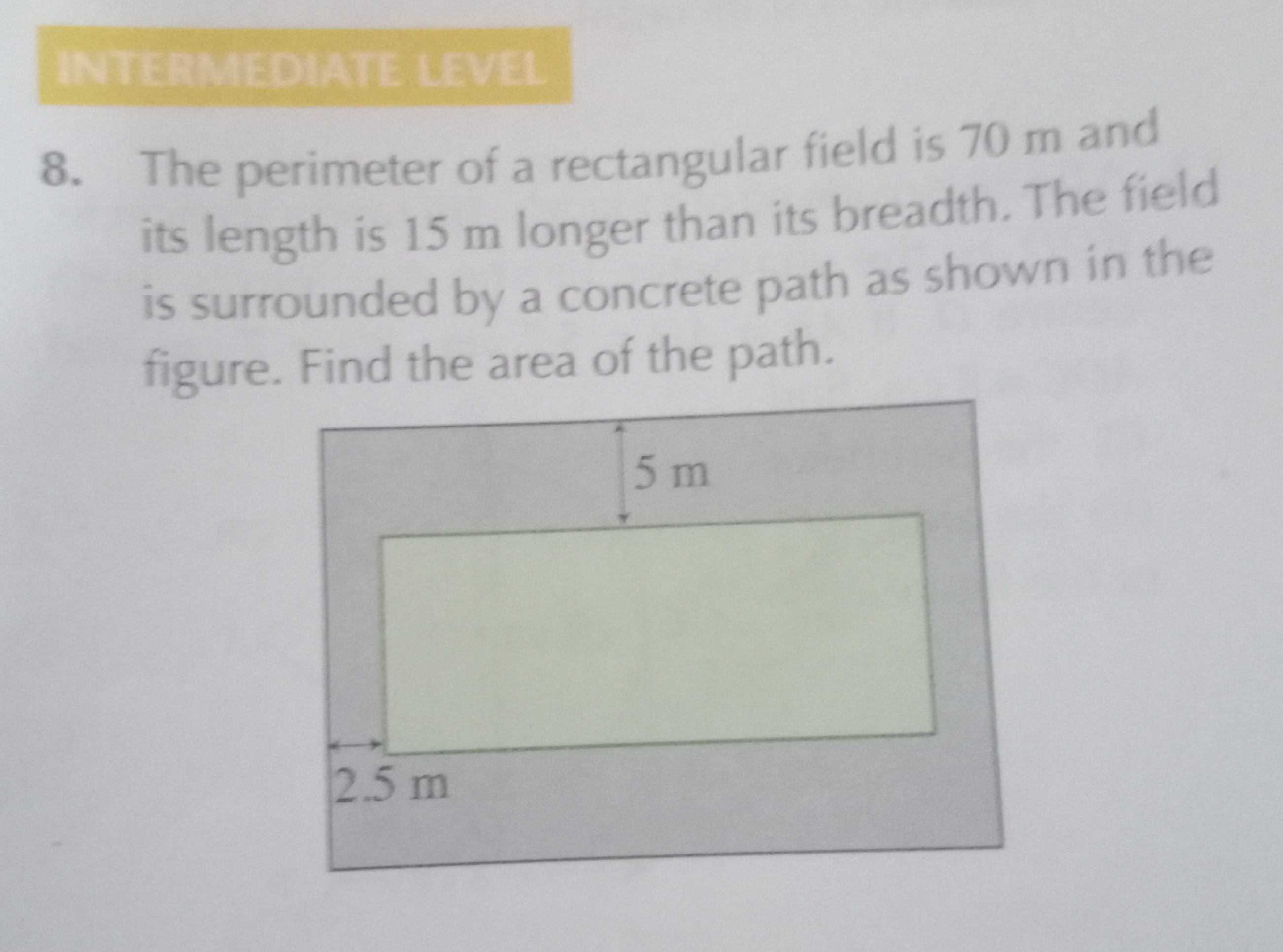 INTERMEDIATE LEVEL. 8. The perimeter of a rectangular field is 70 m and its length is 15 m ...
